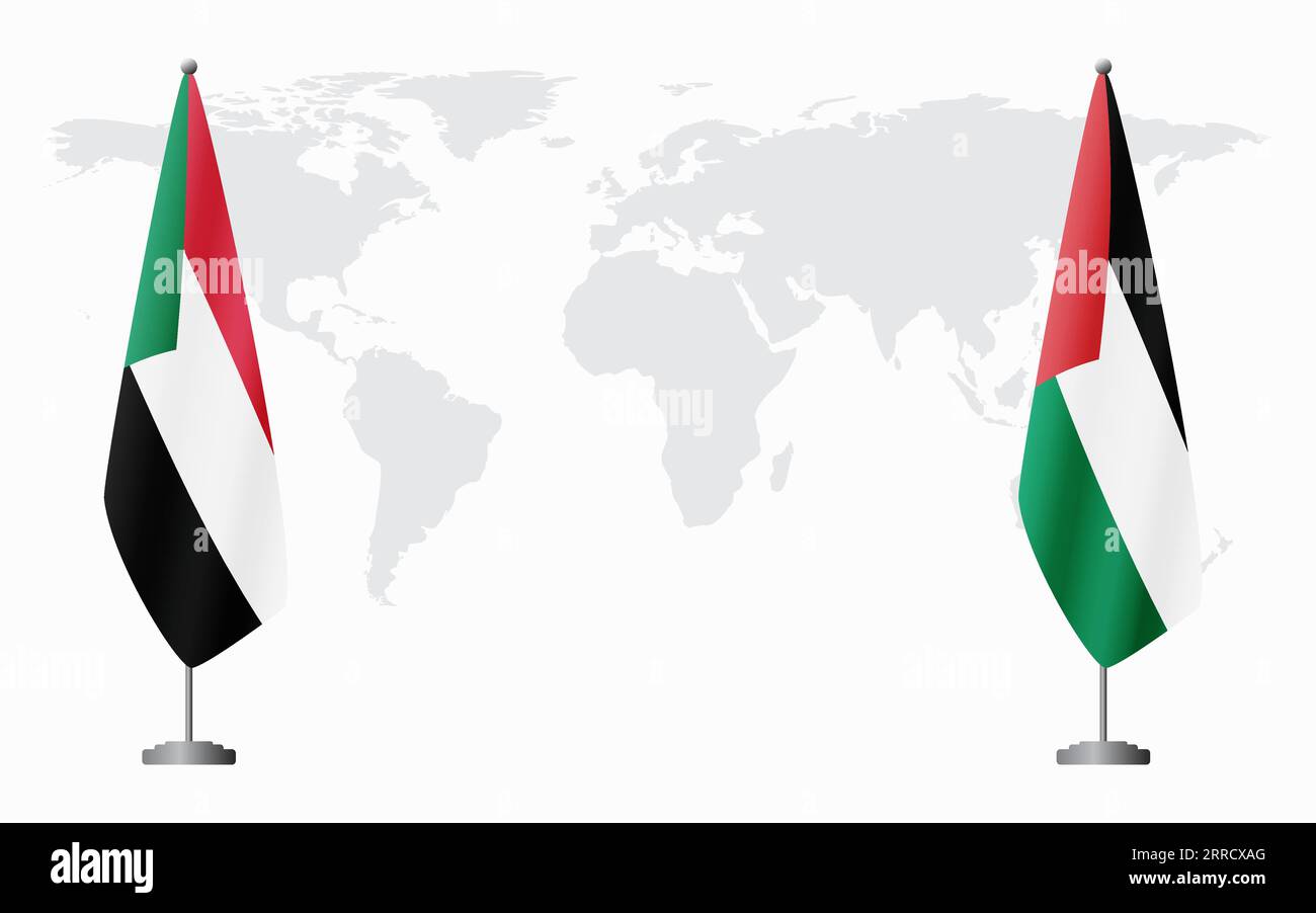 Sudan and Palestine flags for official meeting against background of ...