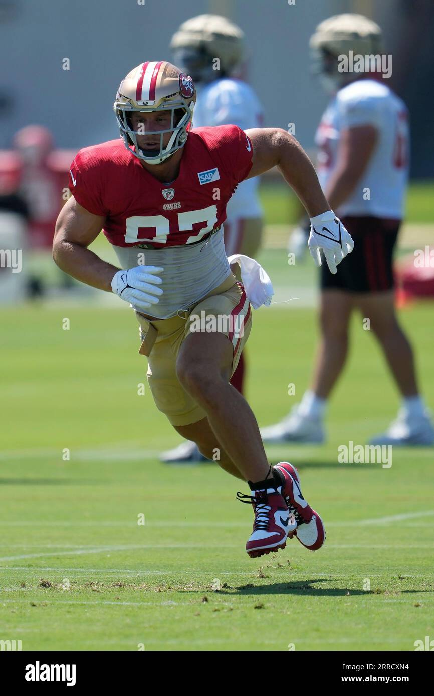 San Francisco 49ers defensive end Nick Bosa runs during an NFL football ...
