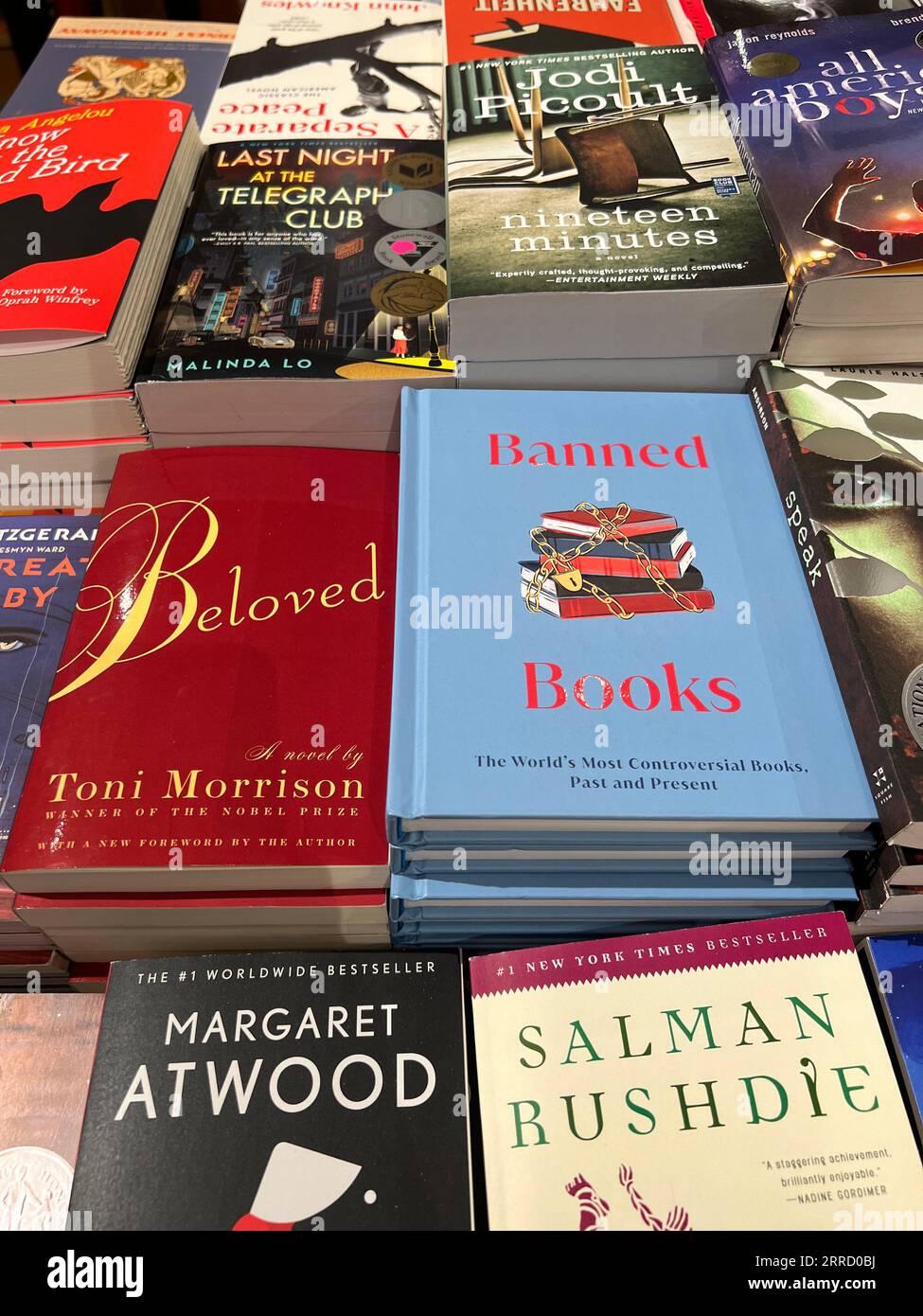 Display of books often included on banned book lists at a bookstore ...