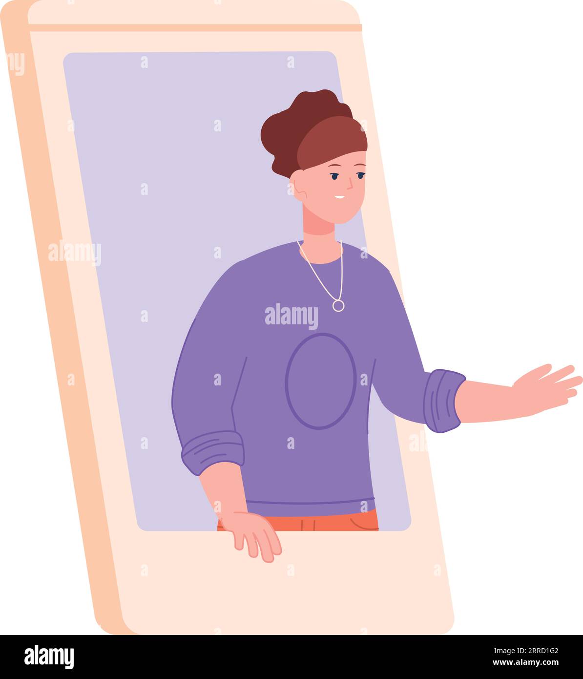 Woman giving hand from phone screen. Social media app isolated on white ...