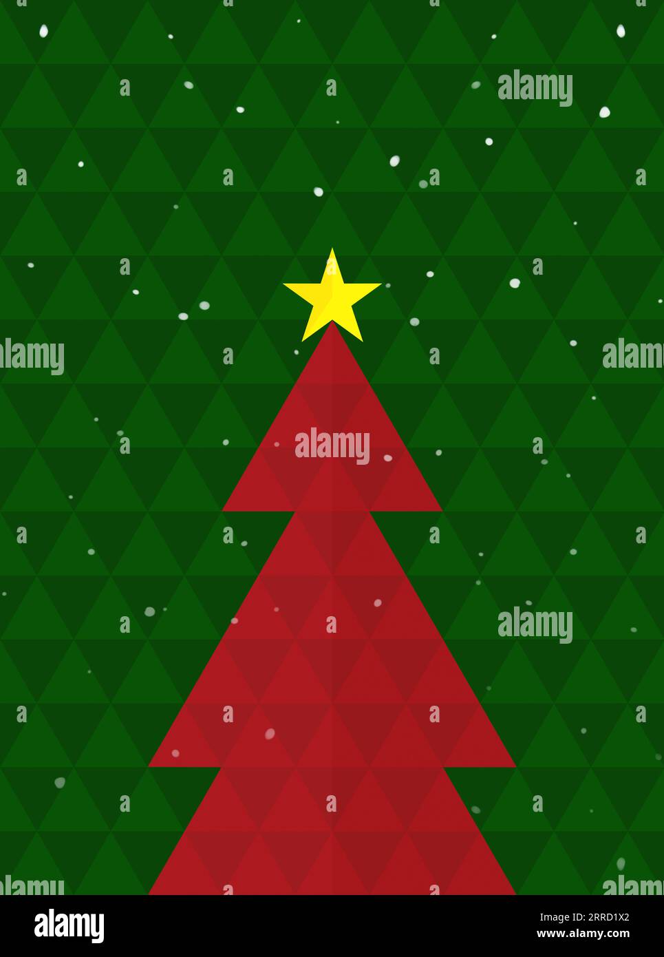 Red Christmas tree with yellow star made of triangles on a green ...