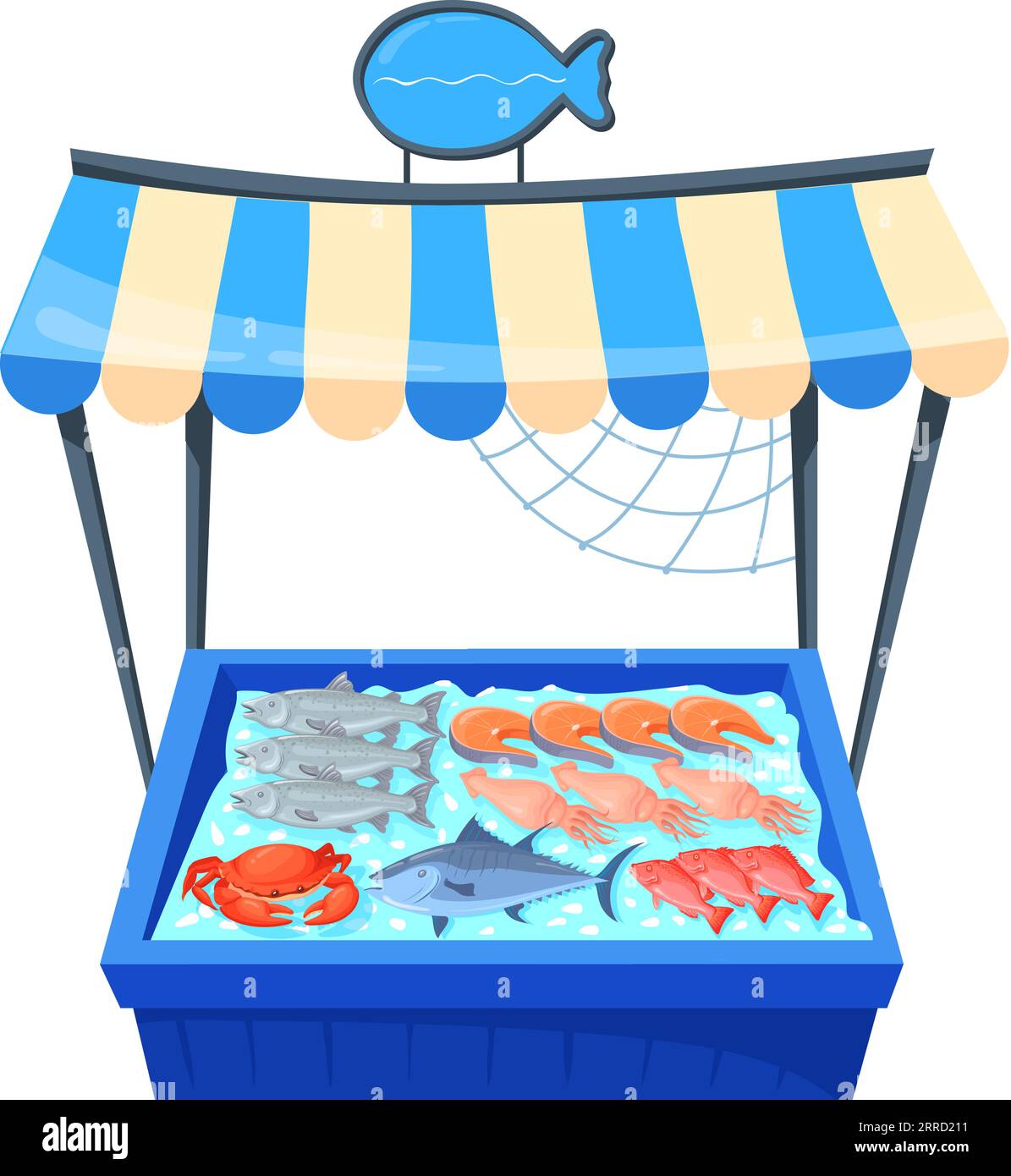 Fish store stand. Cartoon grocery market stall isolated on white ...