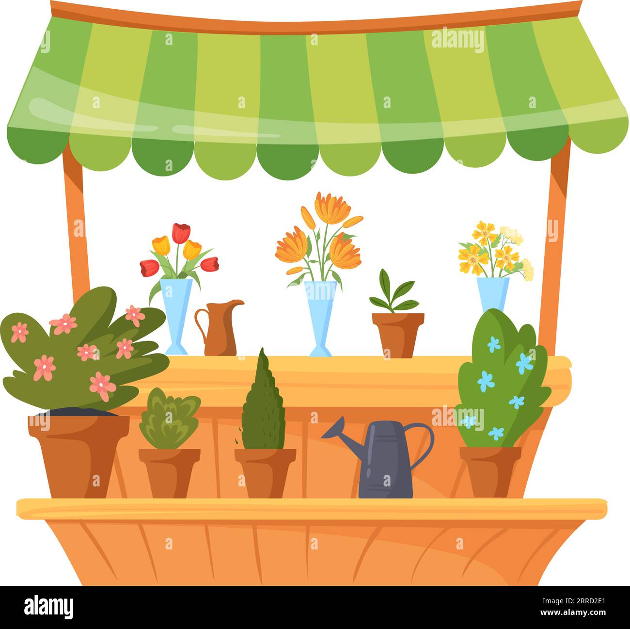 Flower stand cartoon front facade. Floral kiosk isolated on white ...