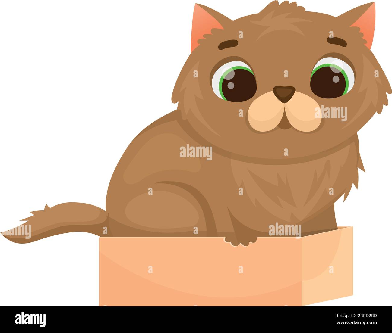 Funny kitten sit in small box. Cartoon cat isolated on white background ...