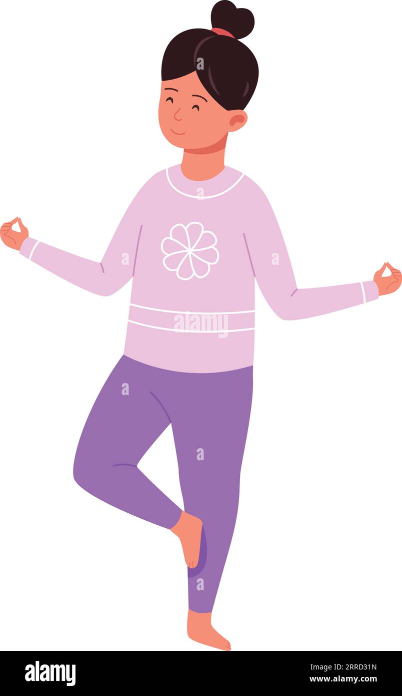 Calm girl balancing in yoga pose. Happy active kid isolated on white ...