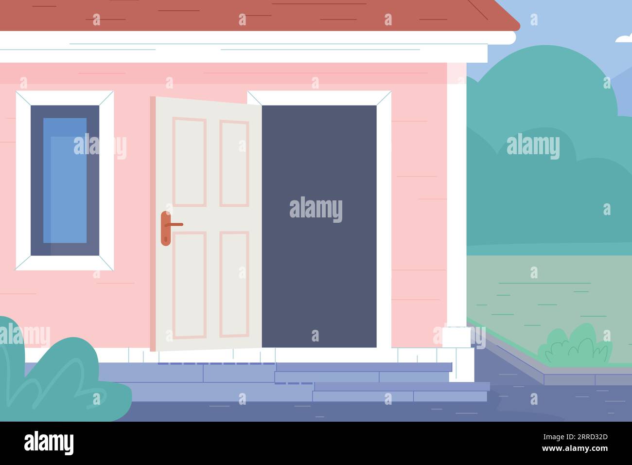 Front door scene background. Doorway colorful landscape. Vector ...
