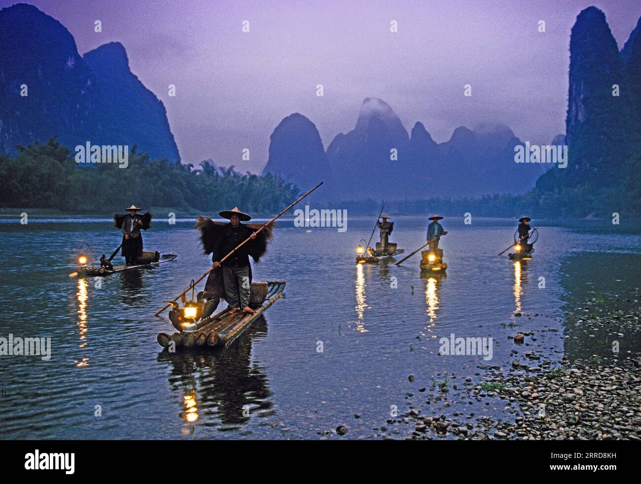 Li River, Guangxi, China: Cormorant fishermen on their bamboo rafts at ...