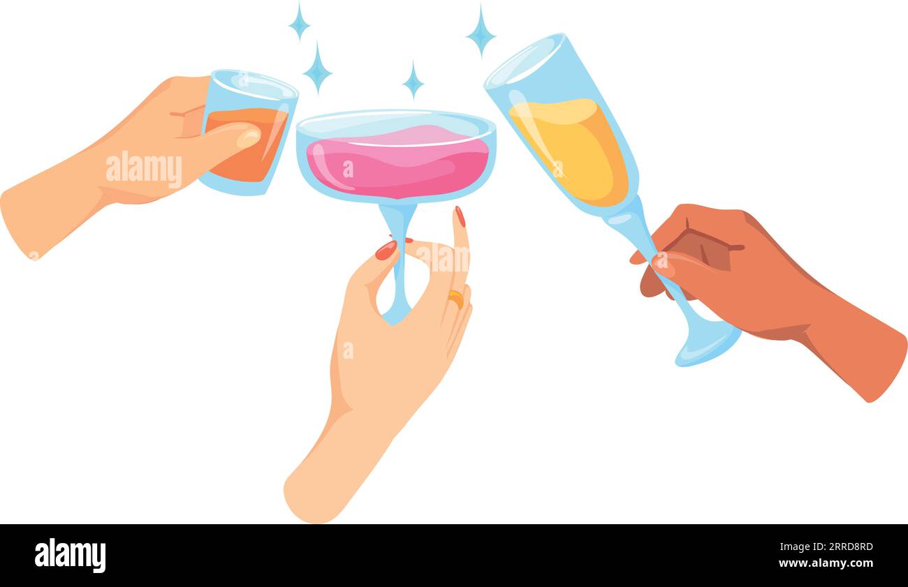 Hand with alcohol drinks cheers. Cartoon glass clink isolated on white ...