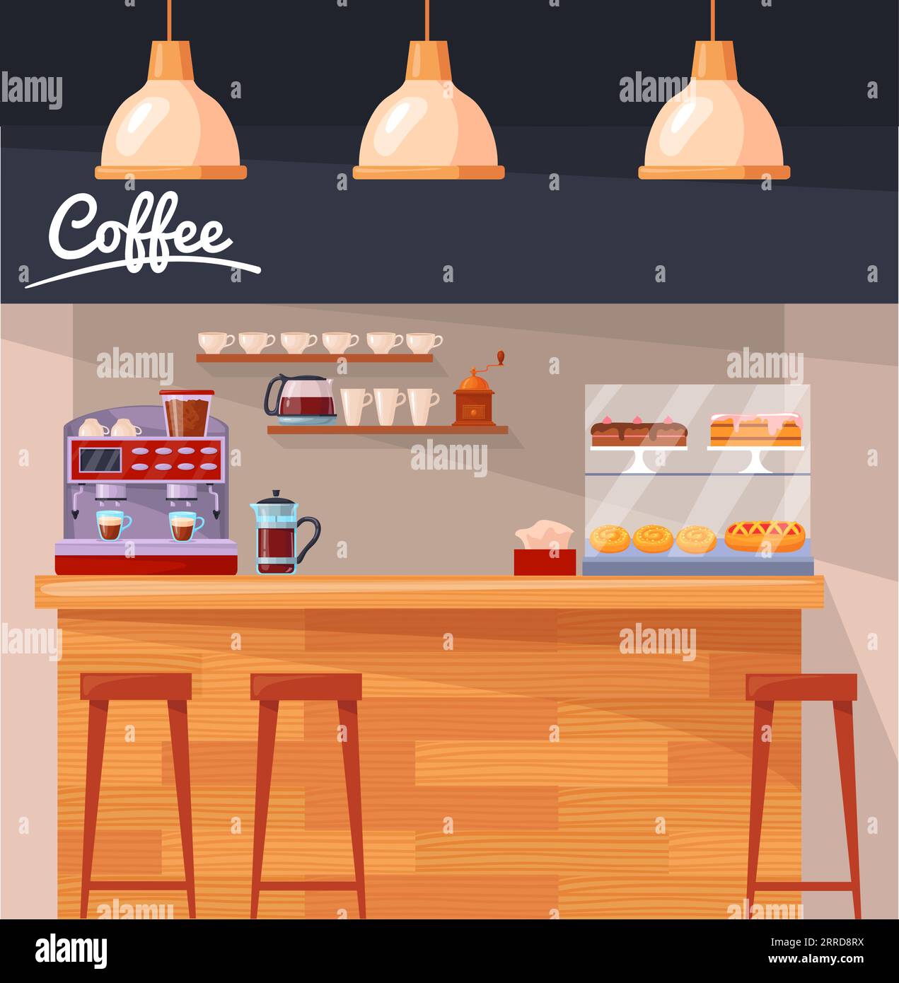 Cafe counter cartoon interior. Coffee shop background. Vector ...