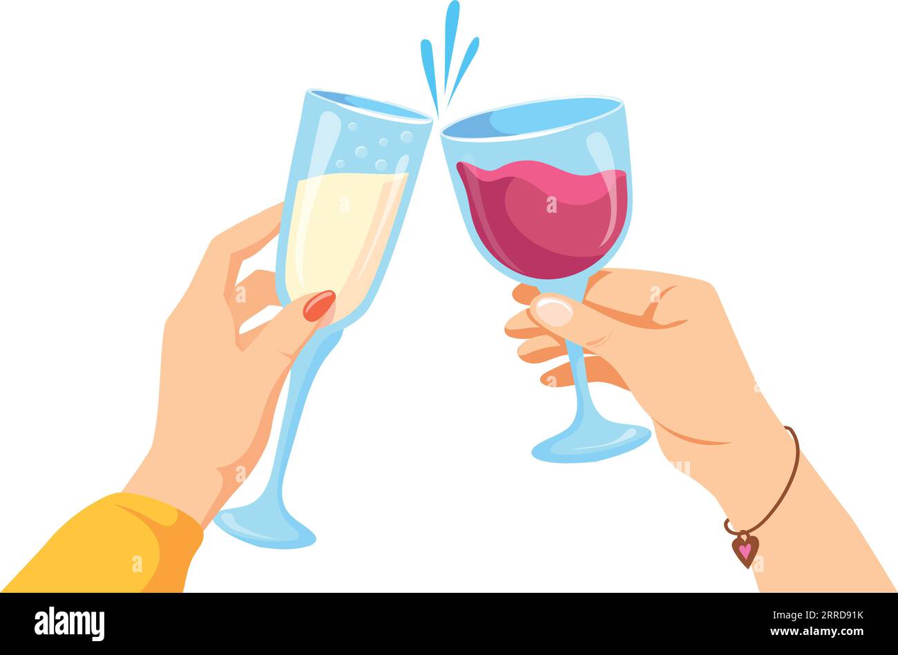 Female hands with drink glass together. Cartoon toast cheers isolated ...