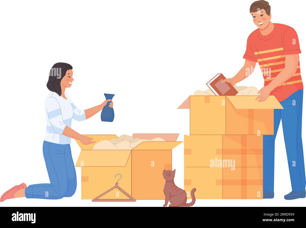 Man and woman packing things in cardboard boxes. Couple moving house ...