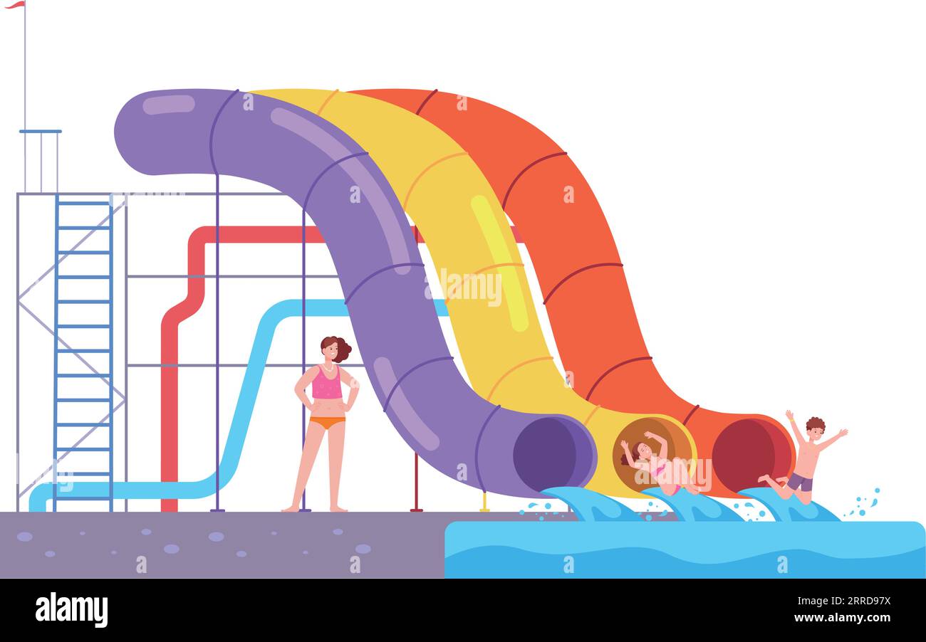 Happy kids in aquapark. Colorful water slide attraction isolated on ...