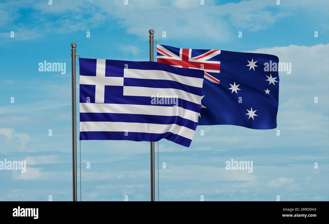 Australia flag and Greece flag waving together on blue sky, two country ...