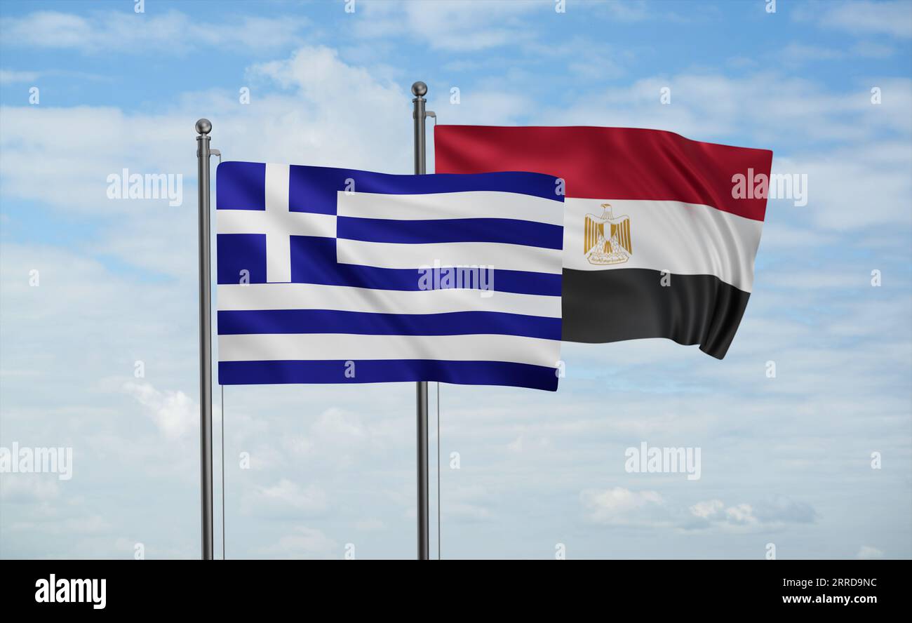 Egypt flag and Greece flag waving together on blue sky, two country ...