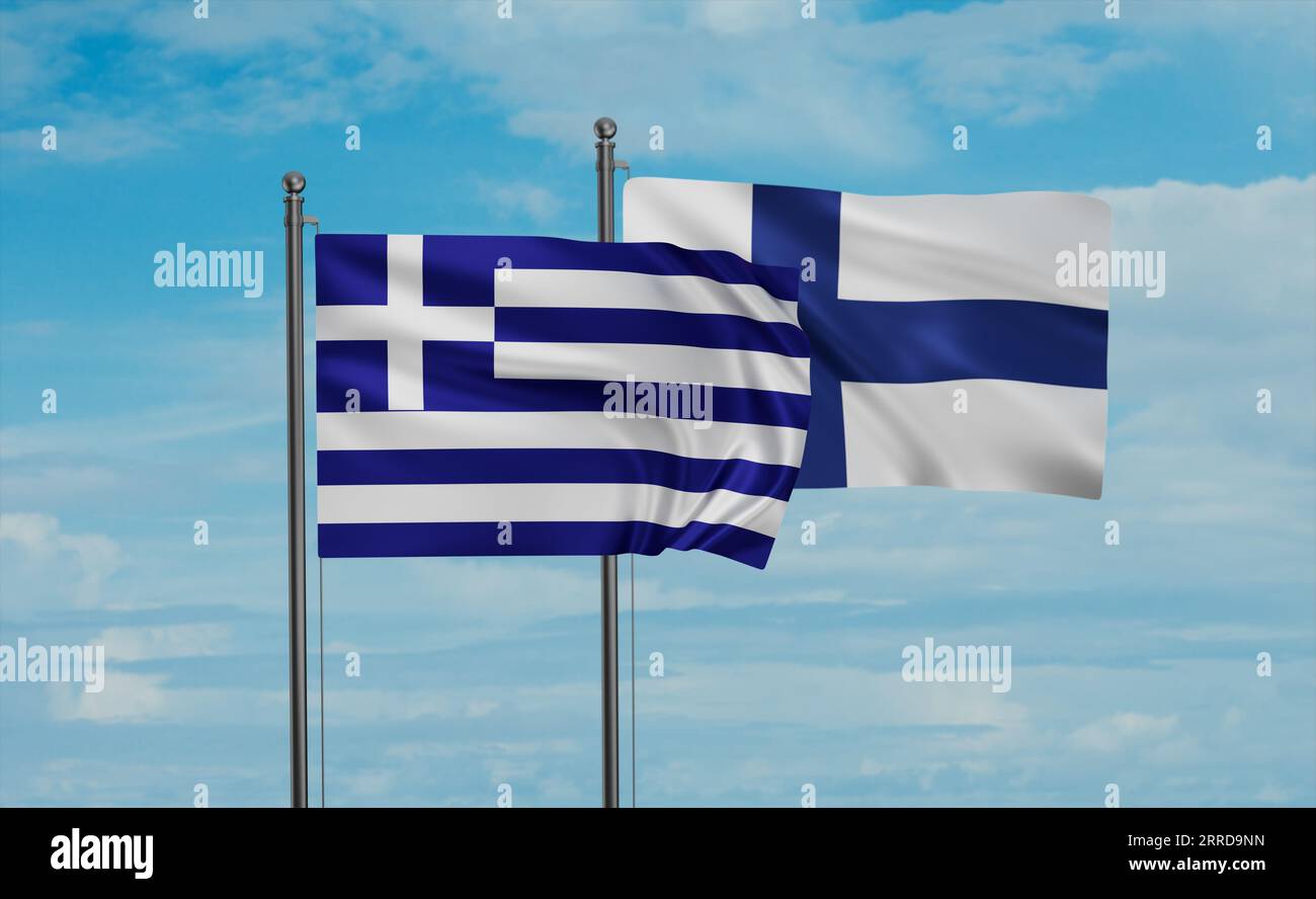 Finland flag and Greece flag waving together on blue sky, two country ...