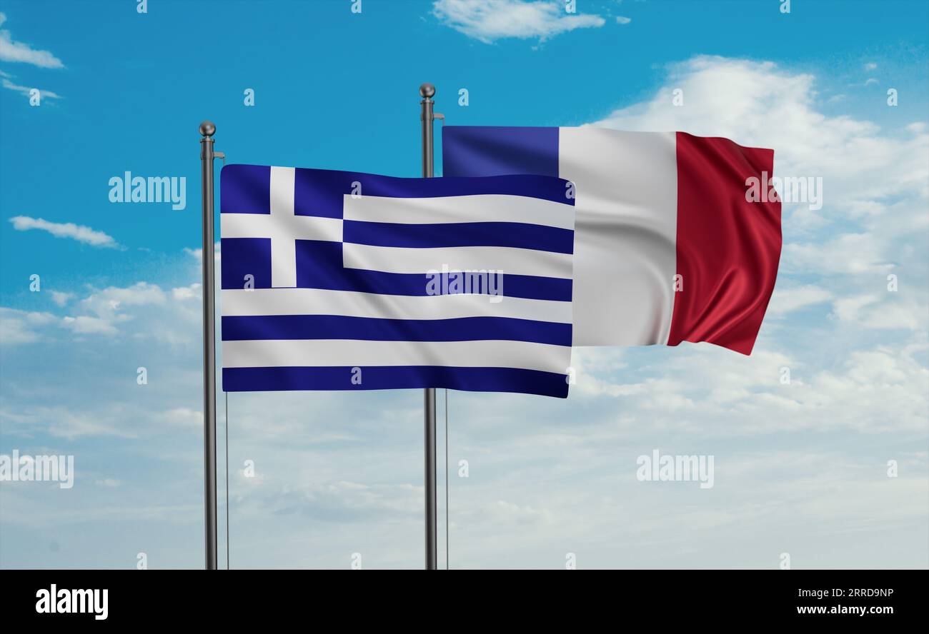Greece and France flags waving together on blue sky, two country ...