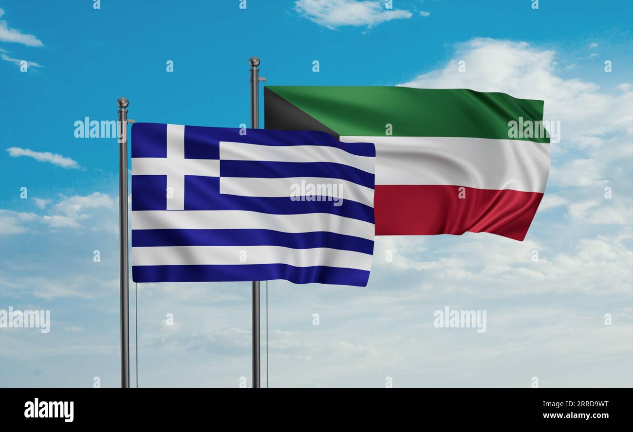 Kuwait and Greece flag waving together in the wind on blue sky, two ...
