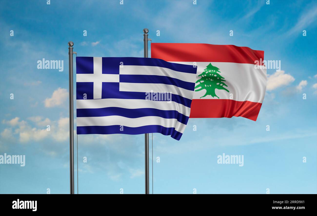 Lebanon and Greece flag waving together in the wind on blue sky, two ...