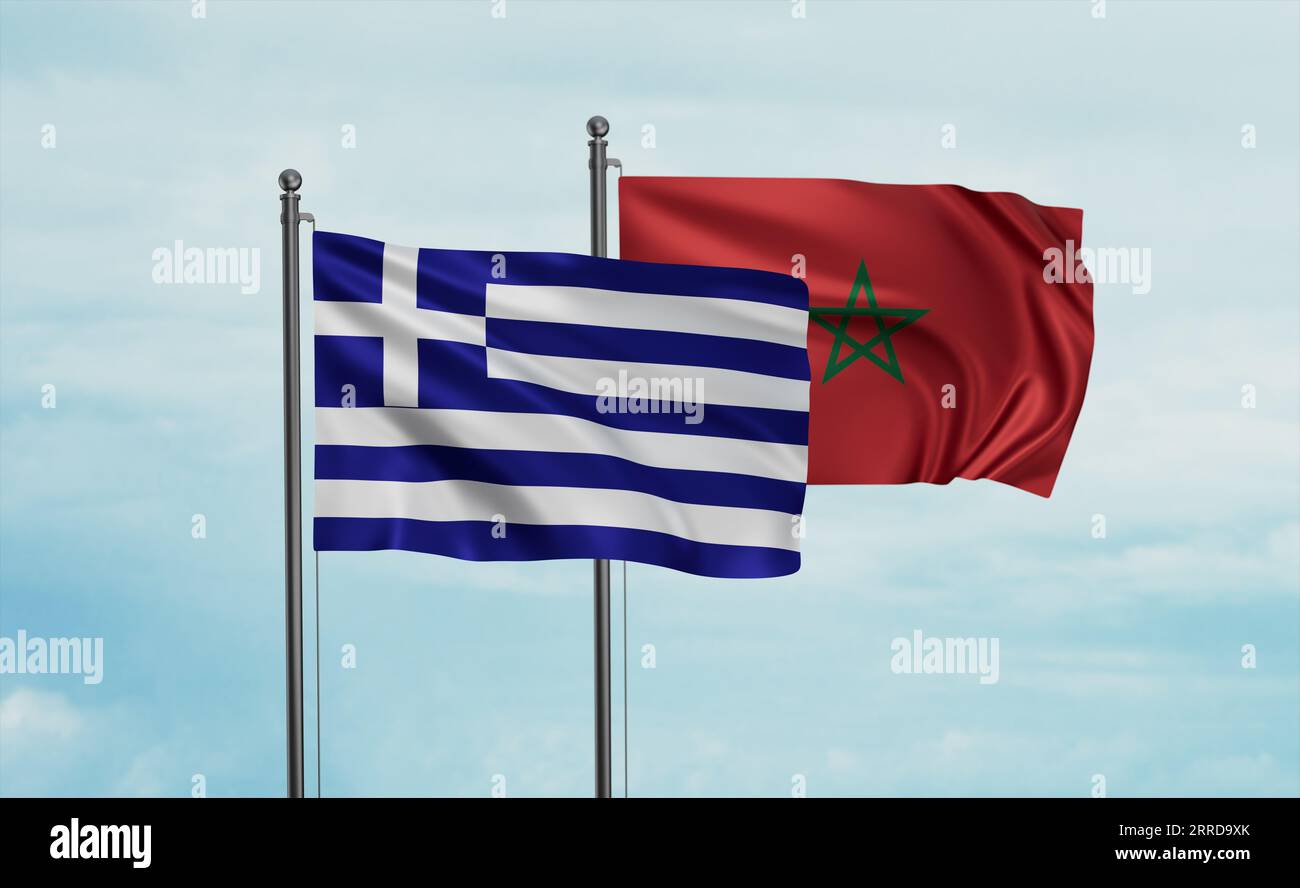 Morocco flag and Greece flag waving together on blue sky, two country ...