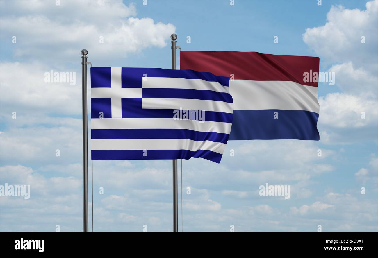 Netherlands flag and Greece flag waving together on blue sky, two ...