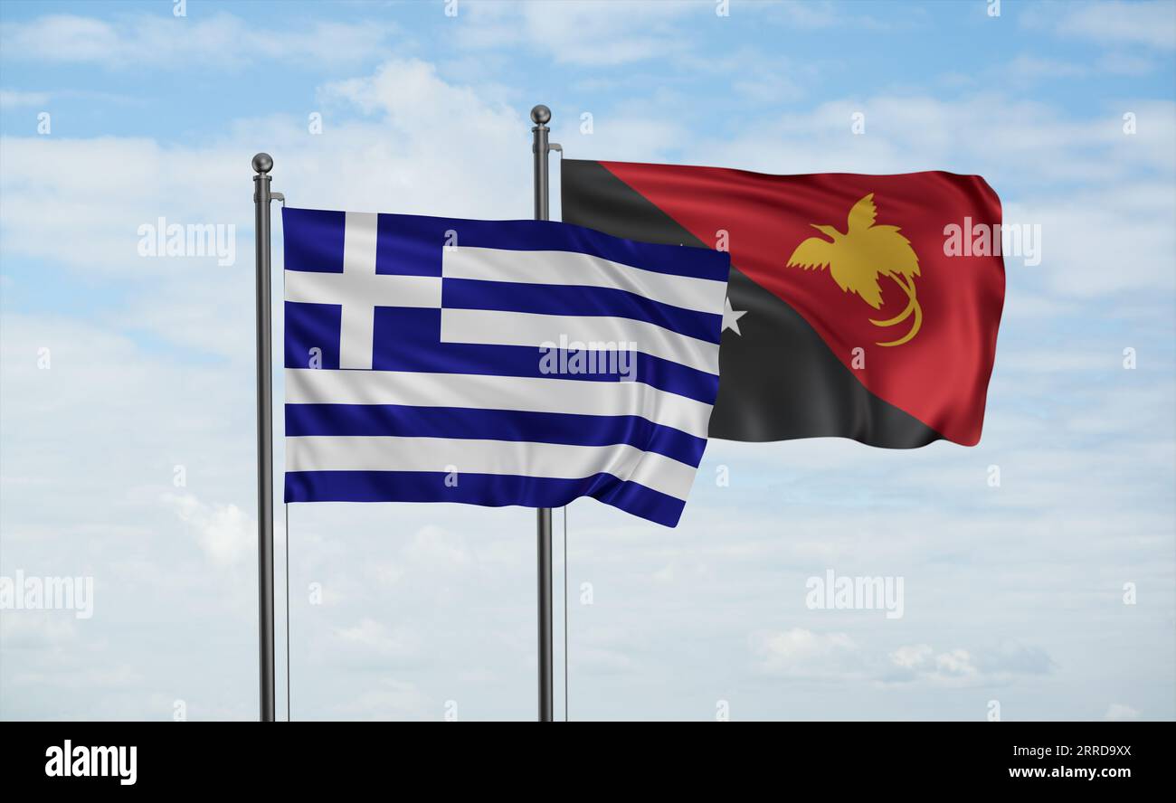 Papua New Guinea flag and Greece flag waving together on blue sky, two ...