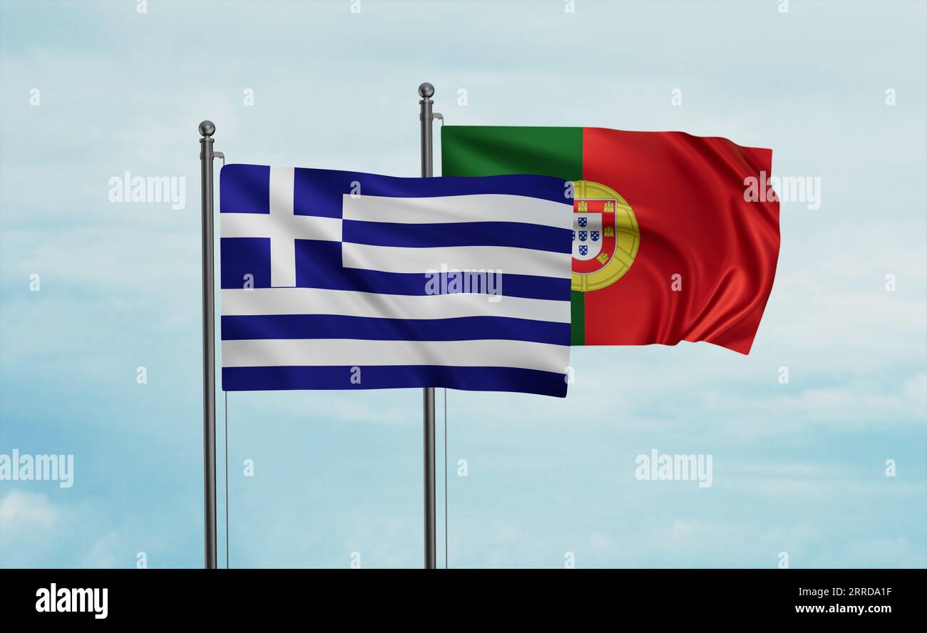 Portugal and Greece flag waving together in the wind on blue sky, two ...