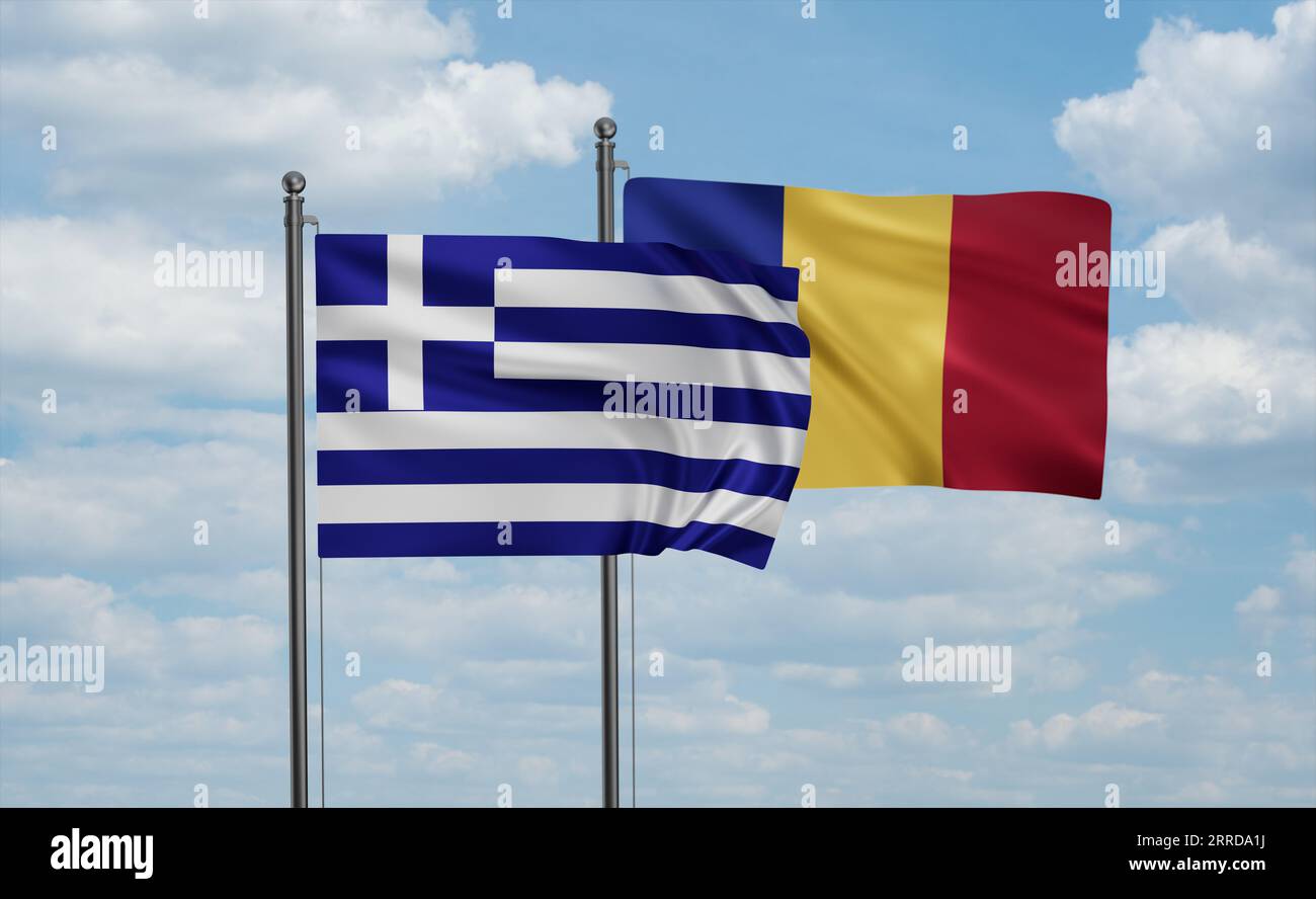 Romania and Greece flag waving together in the wind on blue sky, two ...