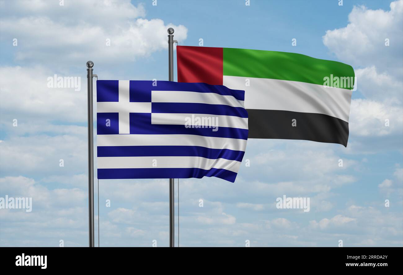 United Arab Emirates and Greece flag waving together in the wind on ...