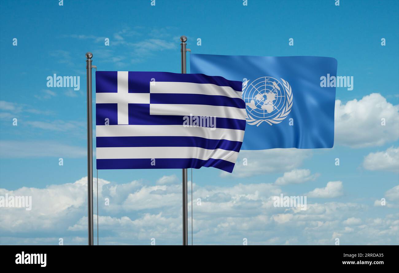 United Nations and Greece flag waving together in the wind on blue sky ...