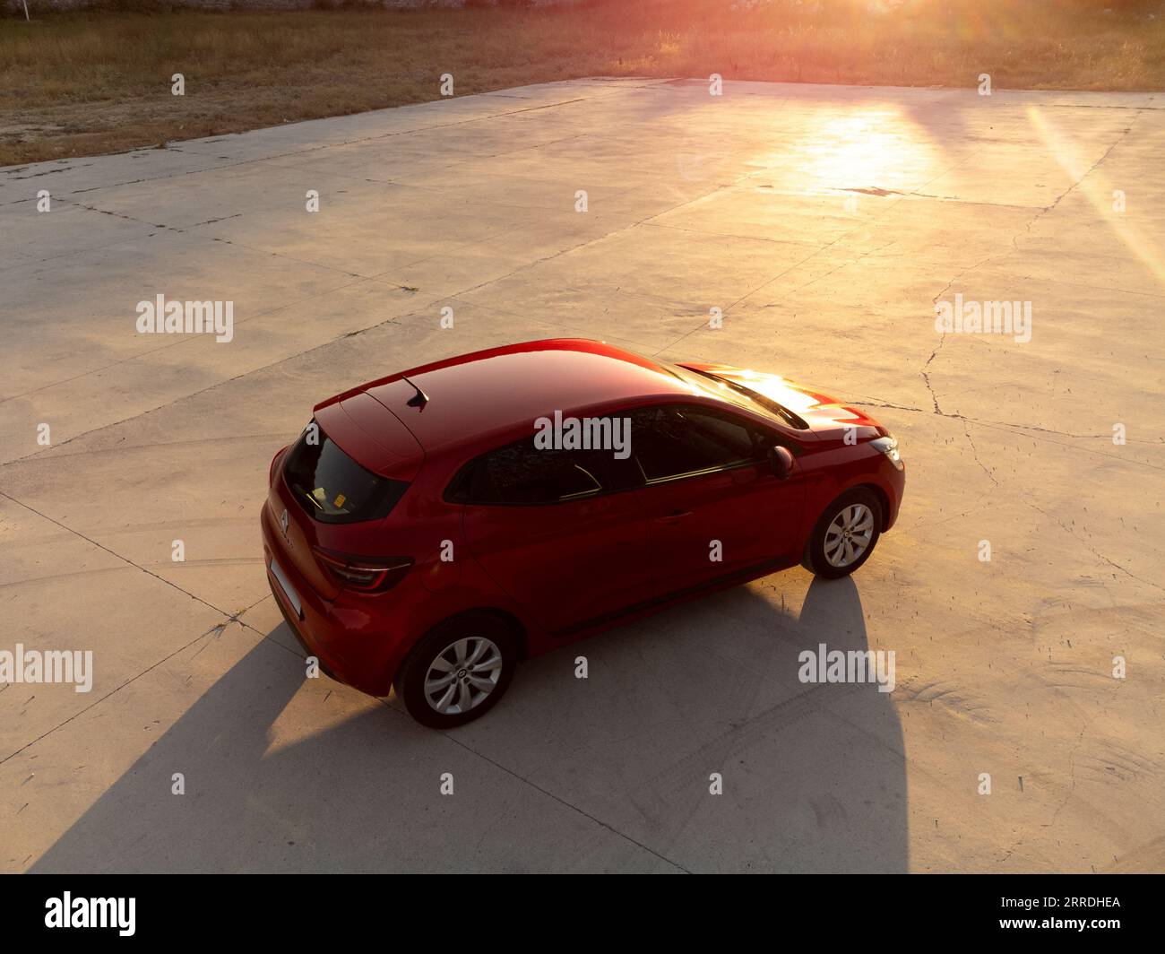 Izmir, Turkey - August 2, 2023: Drone view of a red Renault Clio 5 on ...