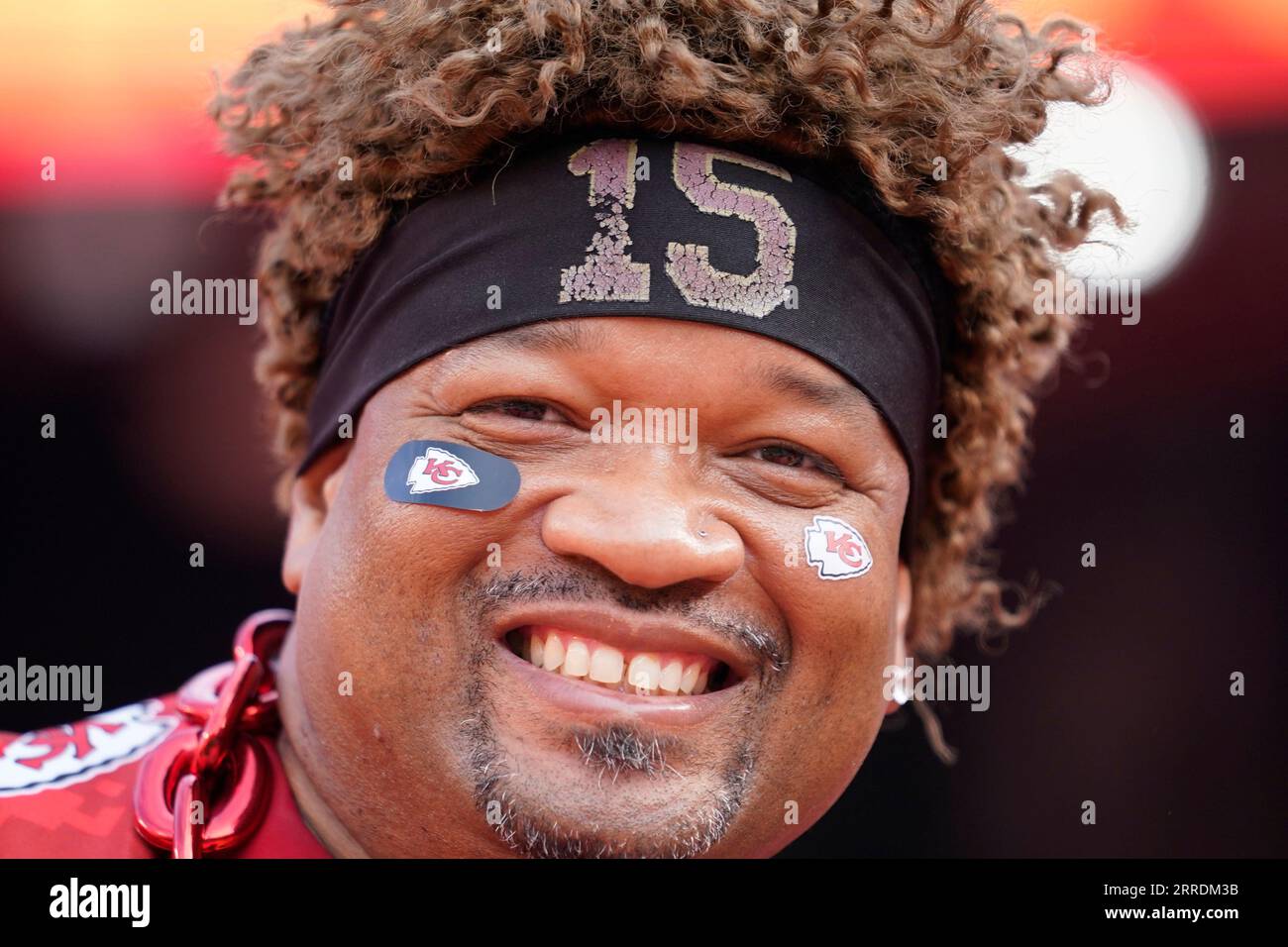 A fan is seen in the stands before the start of an NFL football game ...
