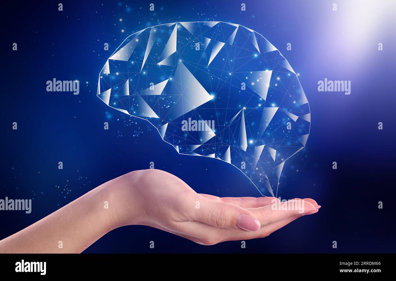 Memory. Woman holding illustration of brain against dark blue ...