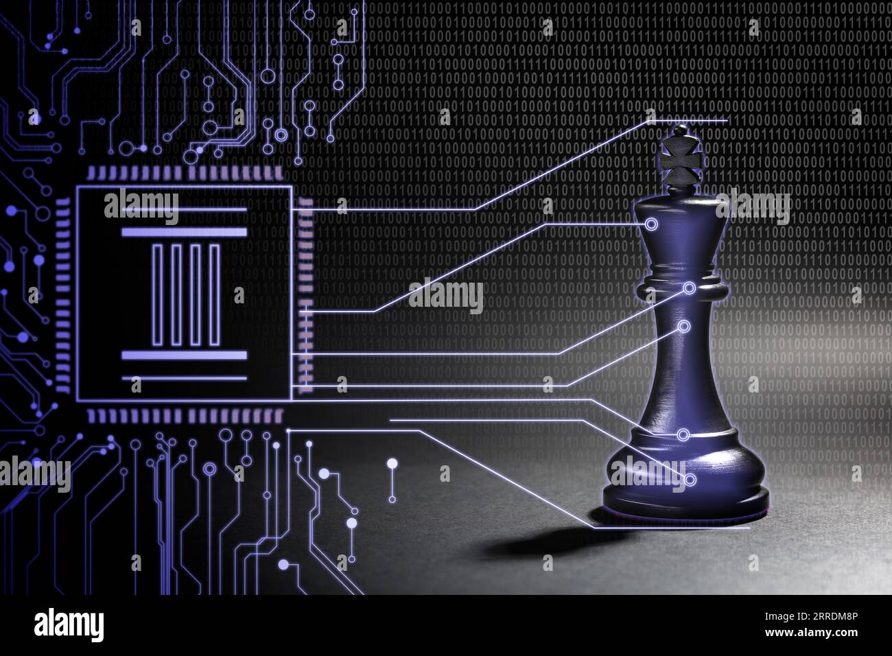 Microchip on circuit board connected to chess piece against binary code ...