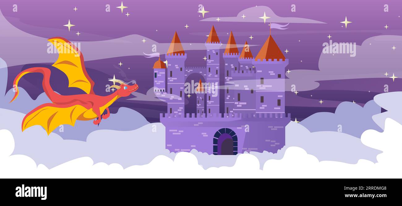 Dragon flying around castle among clouds, illustration. Banner design ...