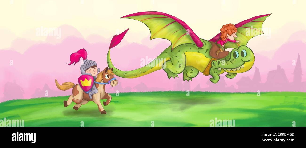 Dragon flying with princess while knight riding horse, fairytale ...