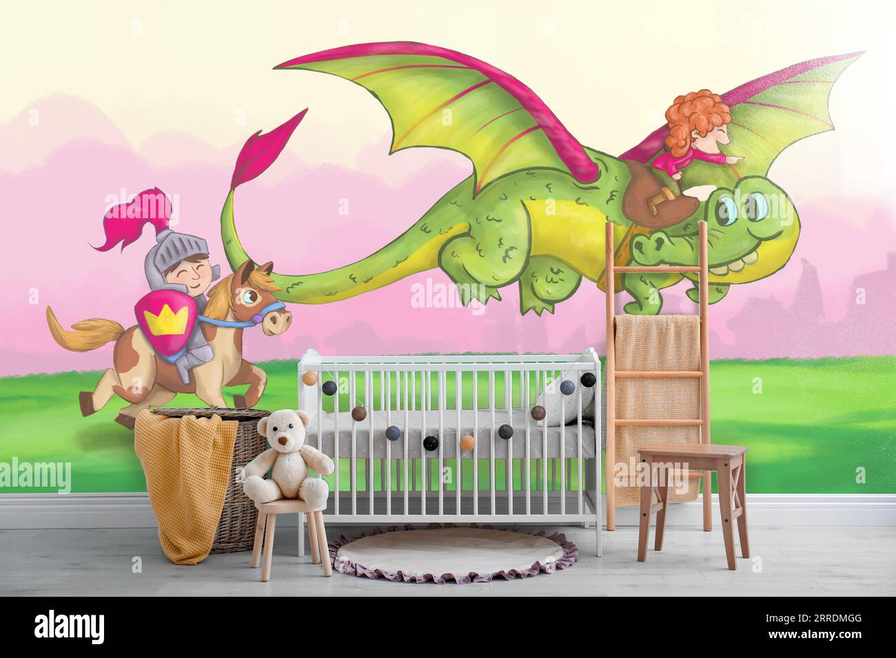 Baby room interior with crib and decor. Fairytale themed wallpapers ...