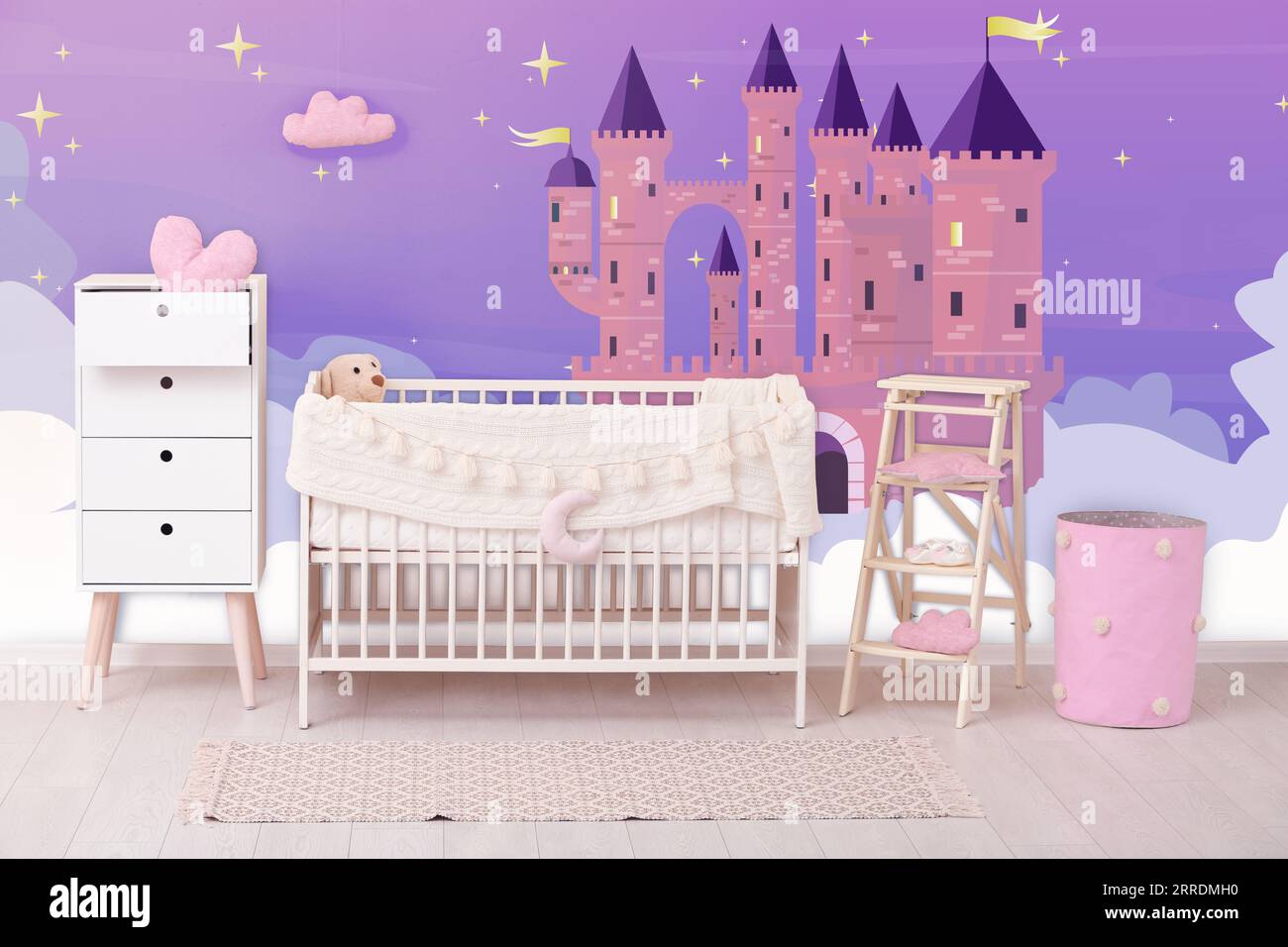 Baby room interior with crib and other furniture. Fairytale themed ...