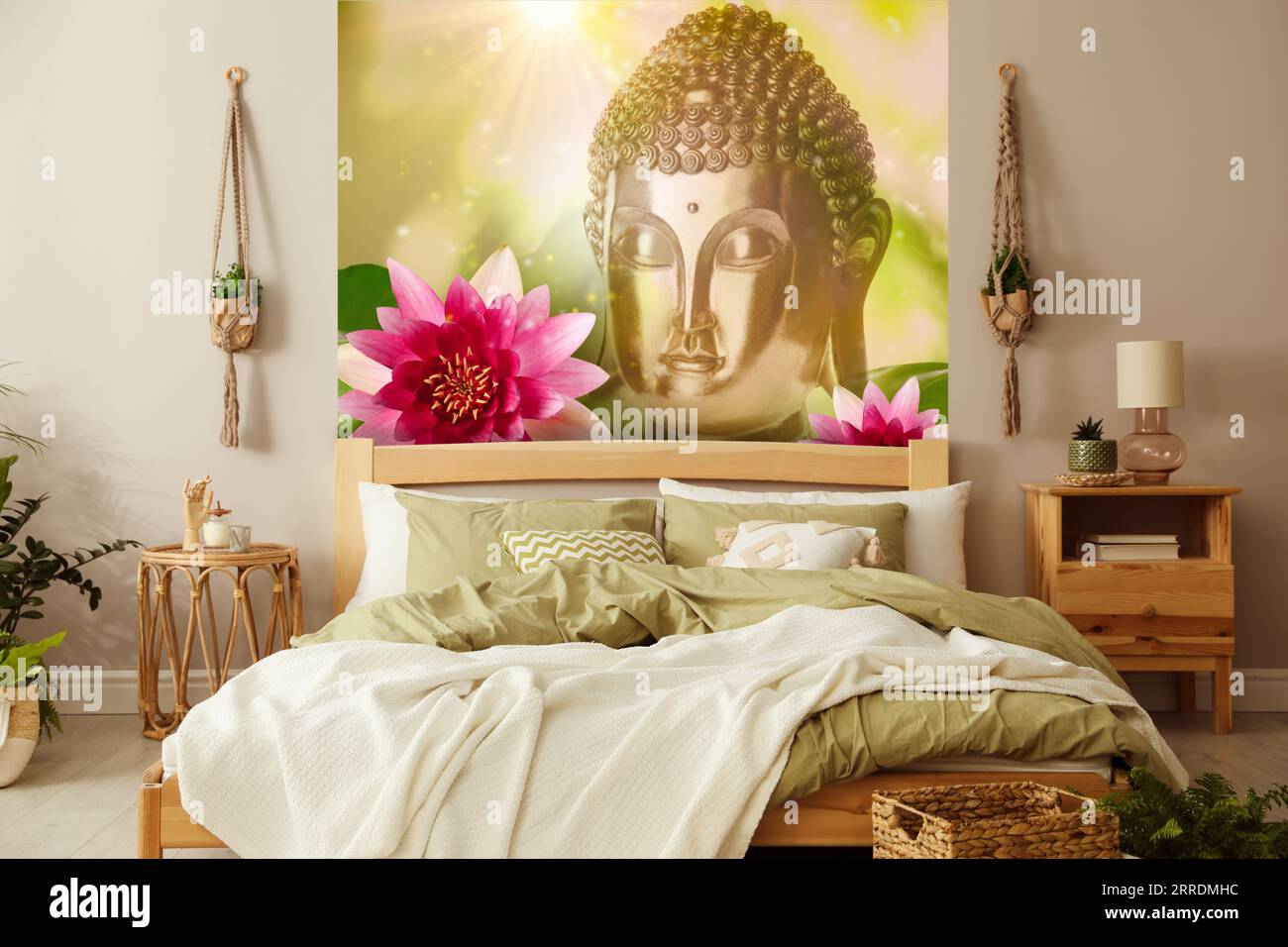 Boho bedroom. Interior with comfortable bed and beautiful wallpapers ...