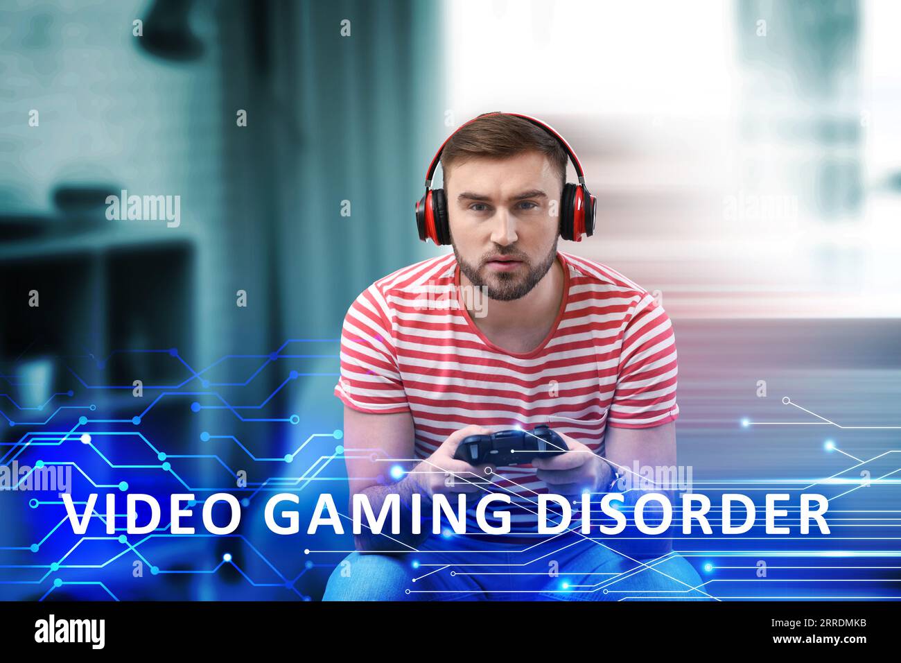 Gaming disorder. Man with headphones playing at home. Circuit board ...