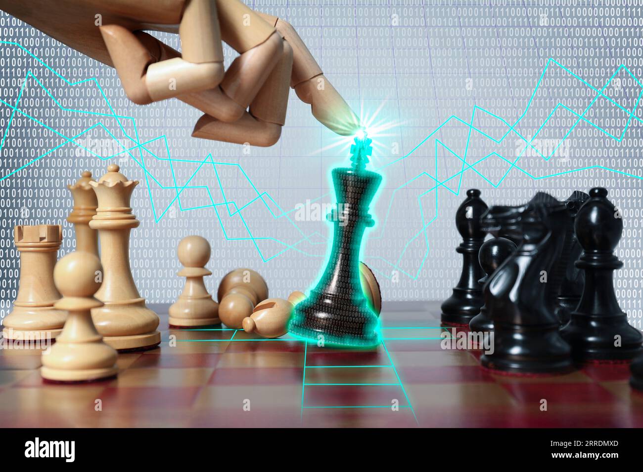 Wooden hand touching chess piece on board. Lines and binary code ...