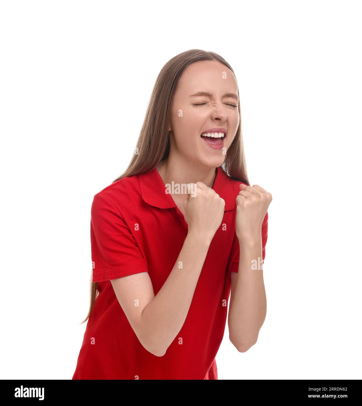 Emotional sports fan celebrating on white background Stock Photo - Alamy