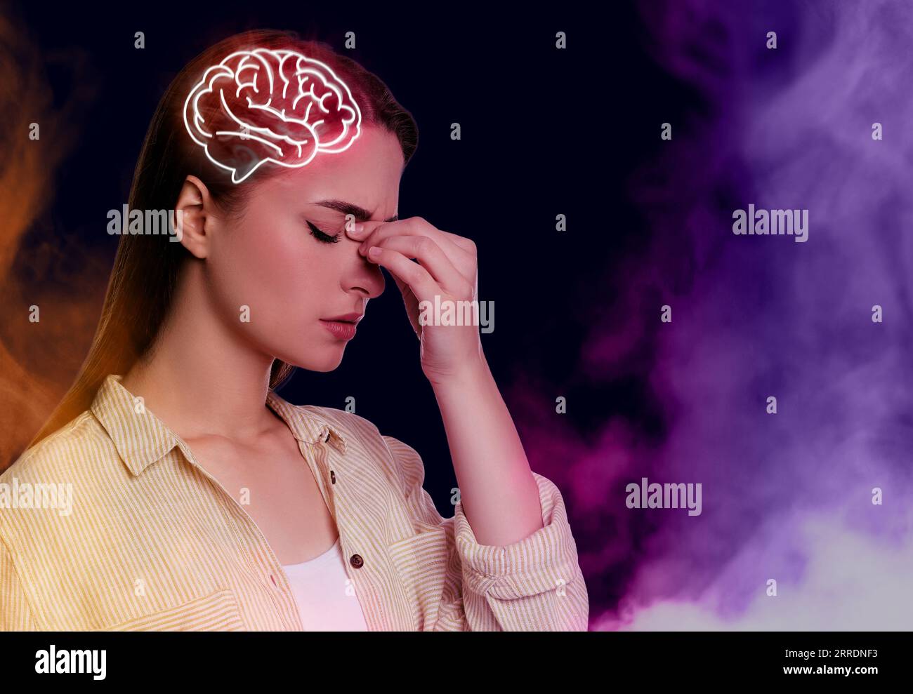Memory. Woman with illustration of brain trying to remember something ...