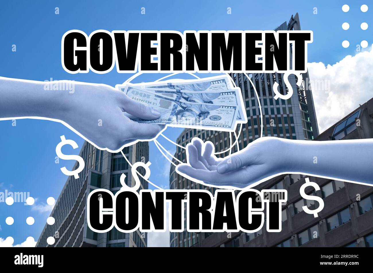 Government contract. Collage with photo of woman giving dollars and ...