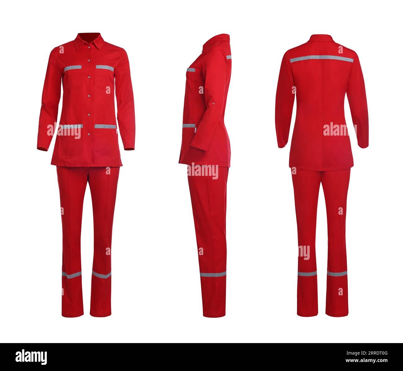 Red medical uniform isolated on white, collage with back, side and ...