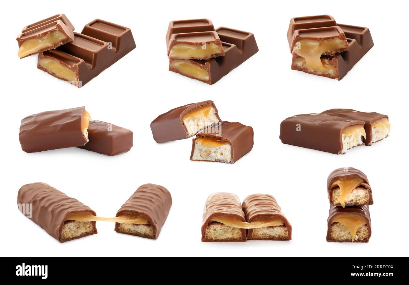 Set with many yummy chocolate bars isolated on white Stock Photo - Alamy