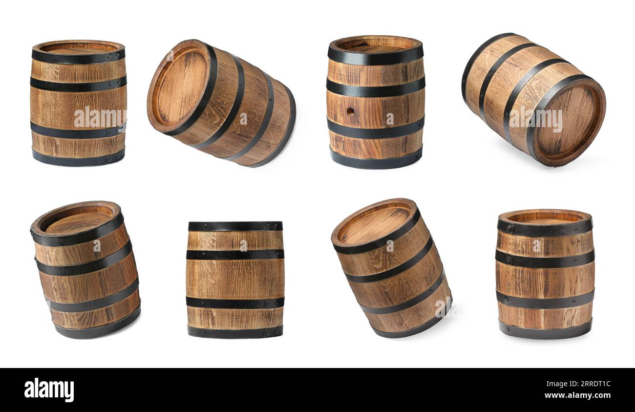 Collage of wooden barrel on white background, different sides Stock ...
