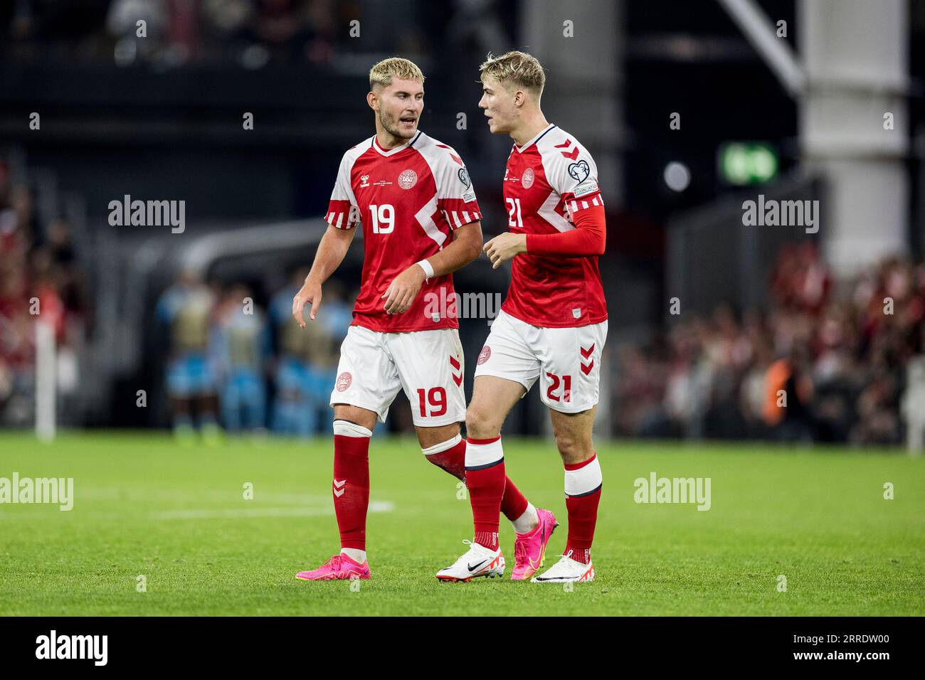 Copenhagen, Denmark. 07th Sep, 2023. Jonas Wind (19) and Rasmus Hojlund (21) of Denmark seen ...