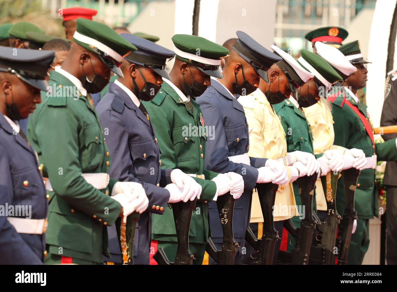 220115 -- LAGOS, Jan. 15, 2022 -- Members of Nigerian Armed Forces attend the Armed Forces ...