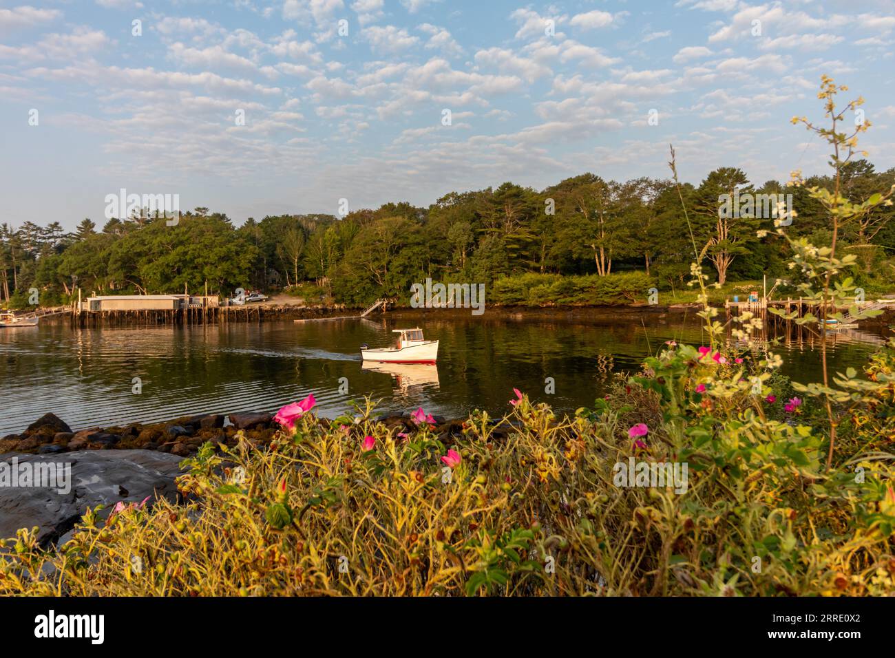 Round Pond harbor, Maine, USA on an early summer morning with blue ...