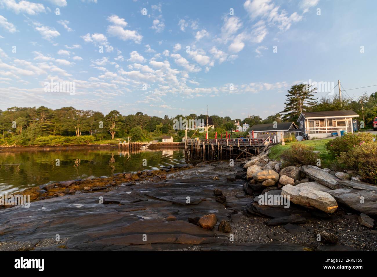 Round Pond harbor, Maine, USA on an early summer morning with blue ...
